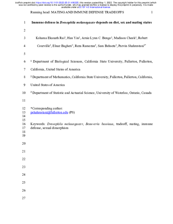 (PDF) Immune defense in Drosophila melanogaster depends on diet, sex ...
