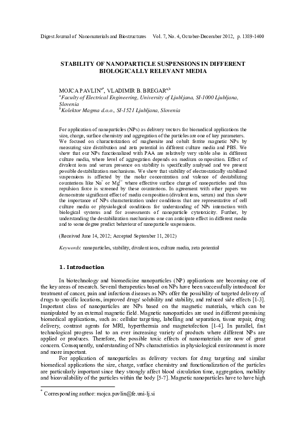 (PDF) Stability of Nanoparticle Suspensions in Different Biologically ...