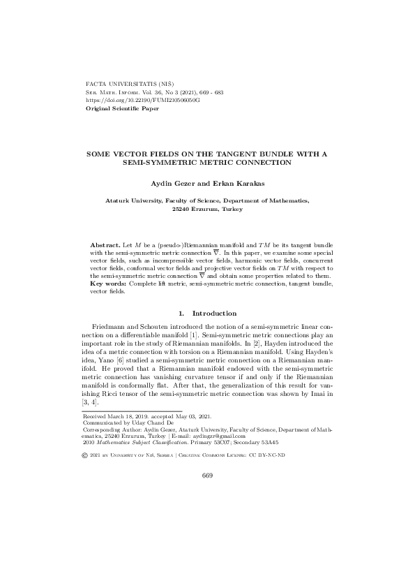 (PDF) Some Vectors Fields on the Tangent Bundle with a Semi-Symmetric Metric Connection | Aydin ...