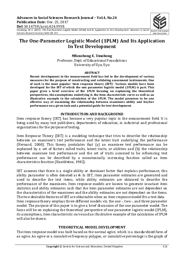 (PDF) The One-Parameter Logistic Model (1PLM) And Its Application In ...