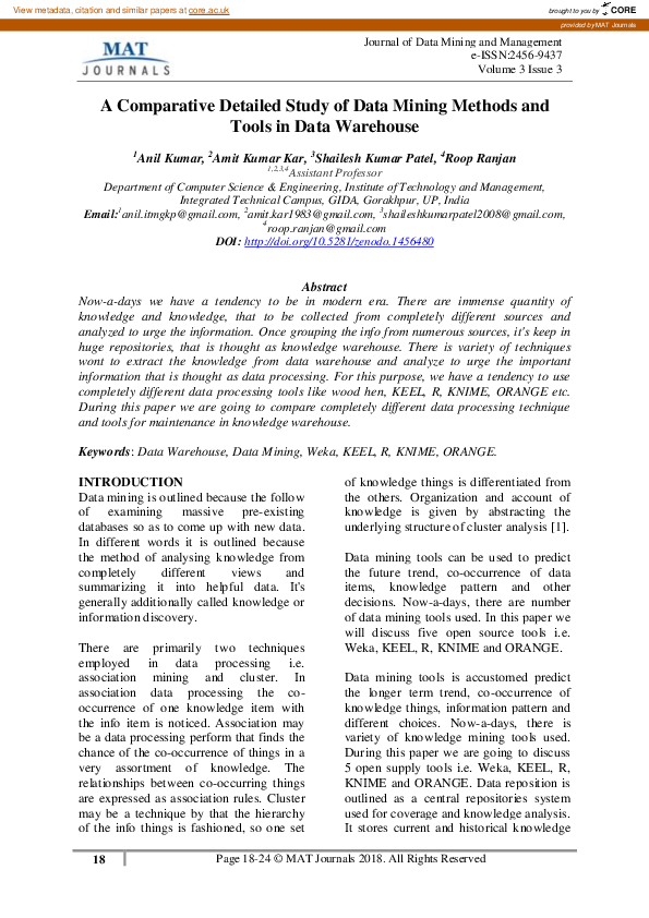 (PDF) A Comparative Detailed Study Of Data Mining Methods And Tools In Data Warehouse