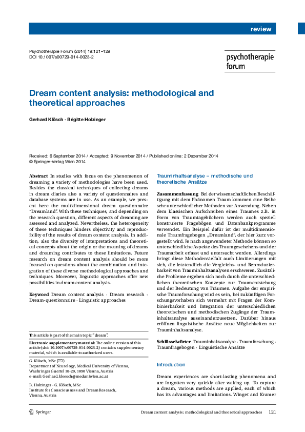 (PDF) Dream content analysis: methodological and theoretical approaches
