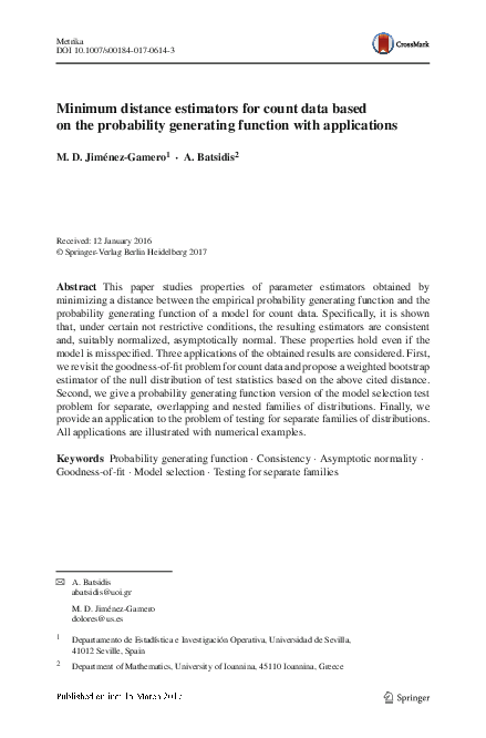 Pdf Minimum Distance Estimators For Count Data Based On The