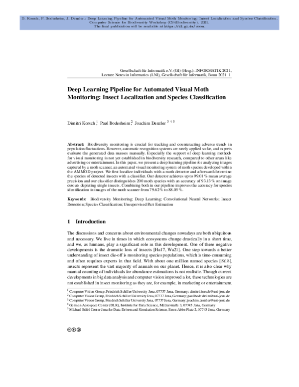 Pdf Deep Learning Pipeline For Automated Visual Moth Monitoring