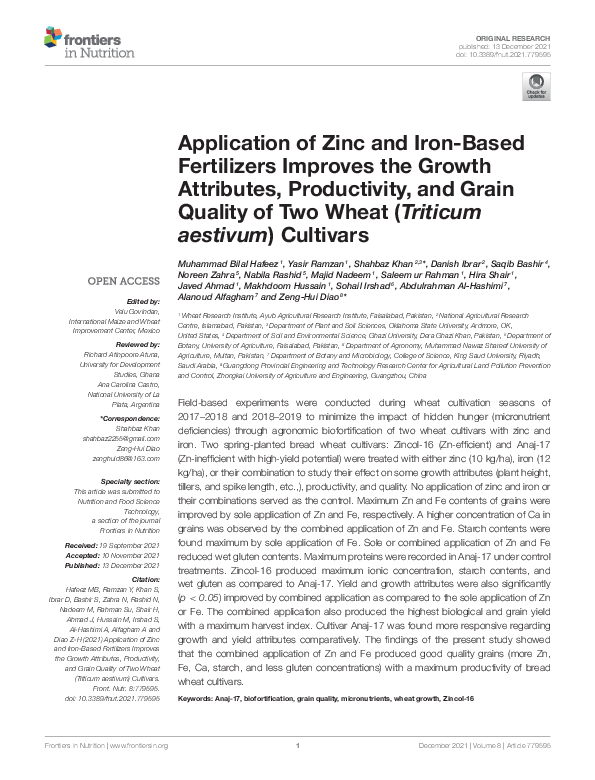 Pdf Application Of Zinc And Iron Based Fertilizers Improves The Growth Attributes