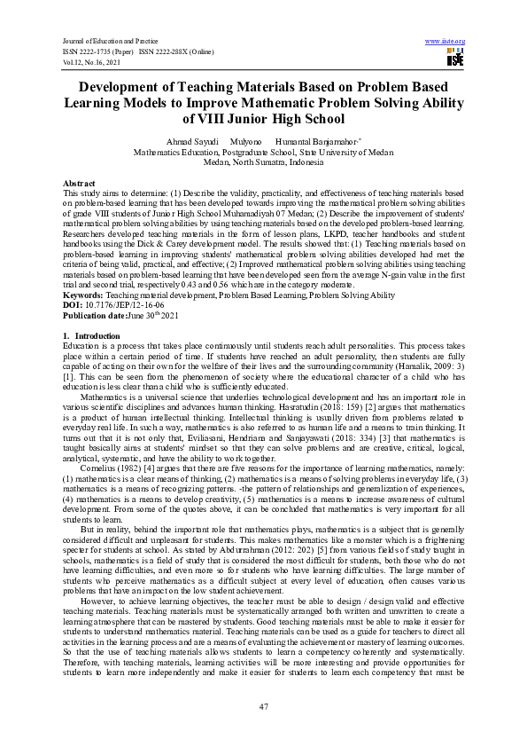 Pdf Development Of Teaching Materials Based On Problem Based Learning Models To Improve 1102