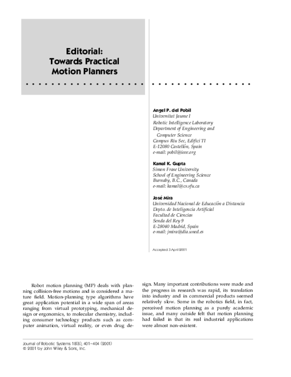 (PDF) Editorial: Towards practical motion planners | Angel Pascual del Pobil Ferré - Academia.edu