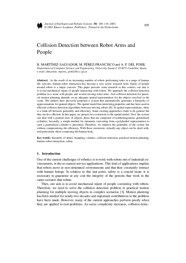 Pdf Collision Detection Between Robot Arms And People Angel Pascual Del Pobil Ferré