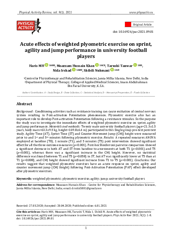 (PDF) Acute effects of weighted plyometric exercise on sprint, agility and jump performance in ...
