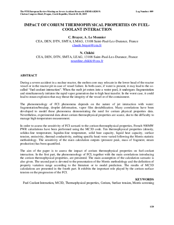 (PDF) Impact of corium thermophysical properties on fuel-coolant ...
