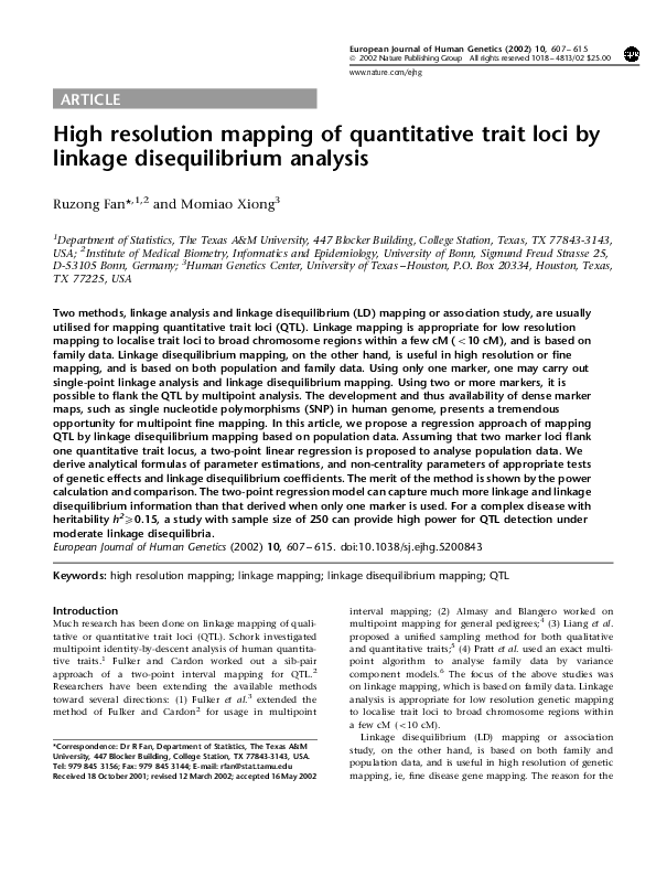 Pdf High Resolution Mapping Of Quantitative Trait Loci By Linkage
