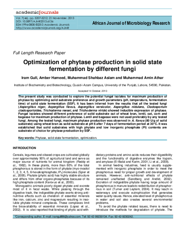 (PDF) Optimization of phytase production in solid state fermentation by different fungi | Amber ...