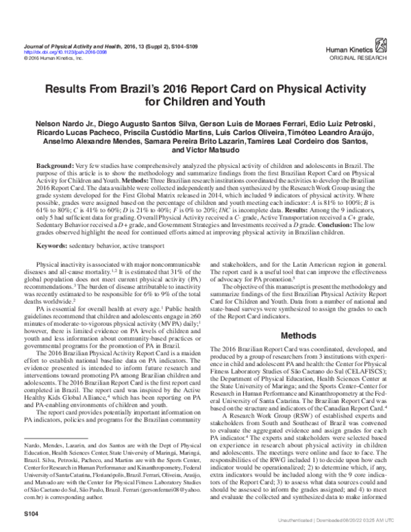 (PDF) Brazil's 2016 Physical Activity Report Card for Youth