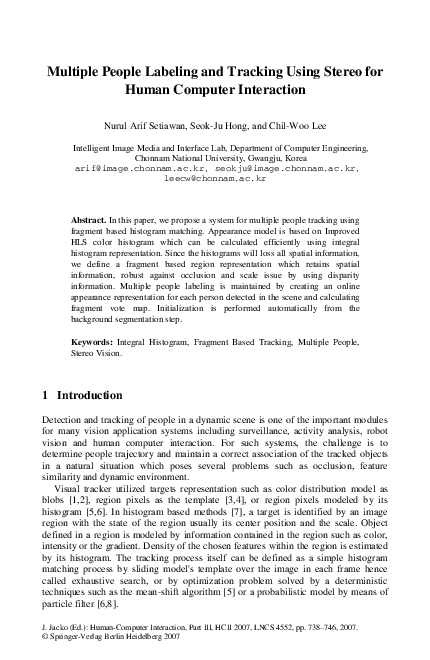 (PDF) Multiple People Labeling and Tracking Using Stereo for Human Computer Interaction