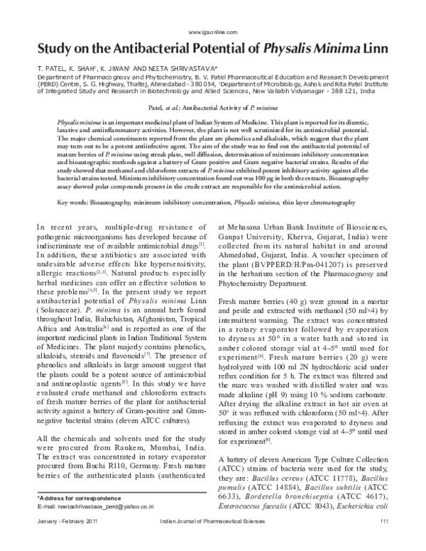(PDF) Study on the antibacterial potential of Physalis Minima linn