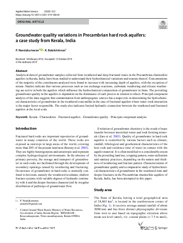 (PDF) Groundwater quality variations in Precambrian hard rock aquifers: a case study from Kerala ...