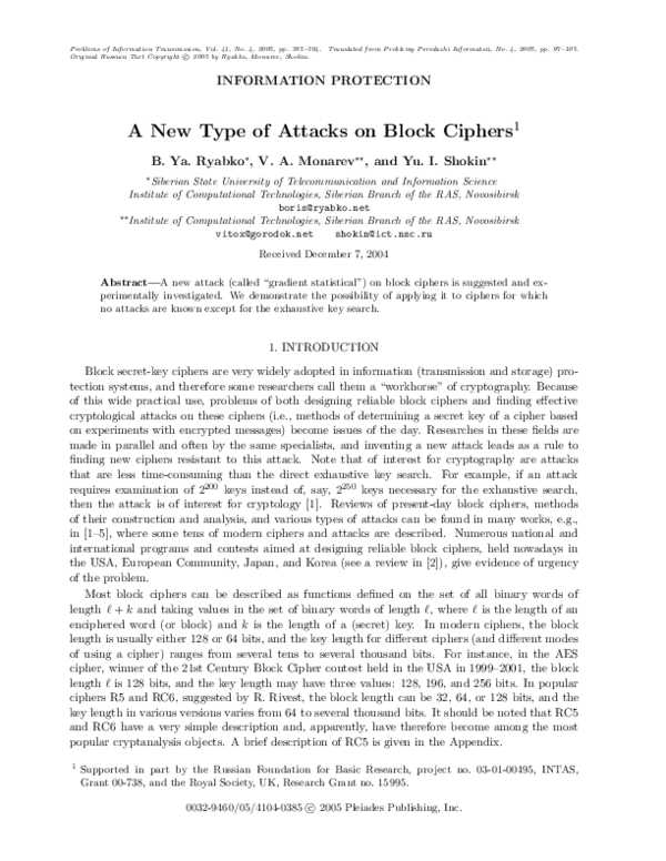 (PDF) A New Type of Attacks on Block Ciphers
