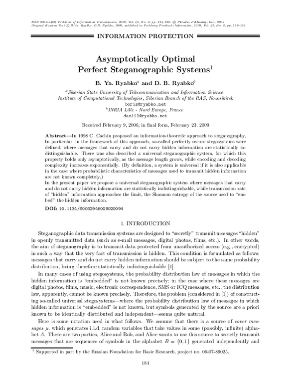 (PDF) Asymptotically optimal perfect steganographic systems