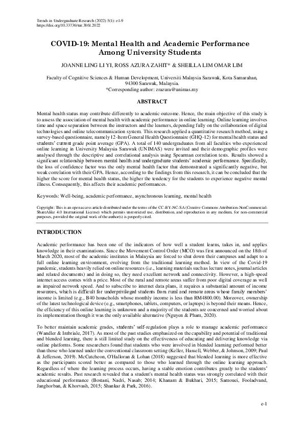 (PDF) COVID-19: Mental Health and Academic Performance Among University Students
