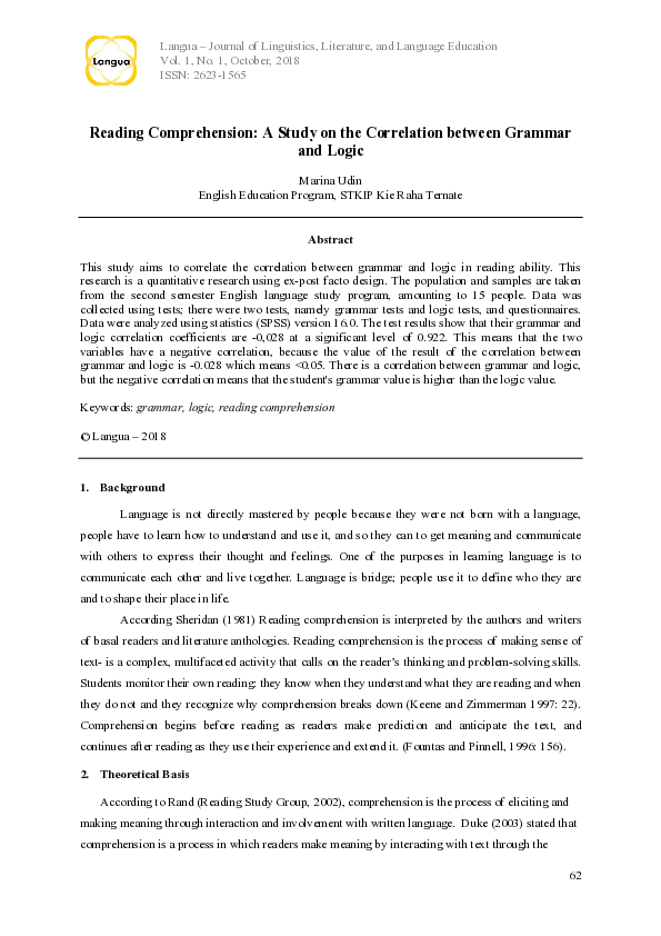 (PDF) Reading Comprehension: A Study On The Correlation Between Grammar And Logic