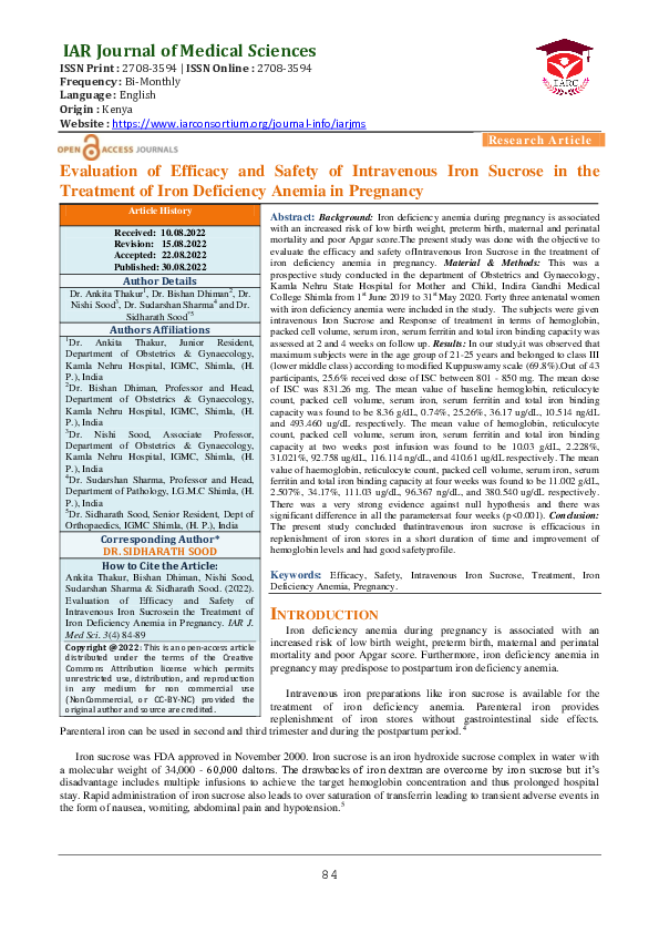 (PDF) Evaluation of Efficacy and Safety of Intravenous Iron Sucrose in ...