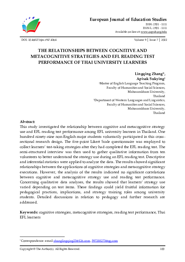 Pdf The Relationships Between Cognitive And Metacognitive Strategies And Efl Reading Test