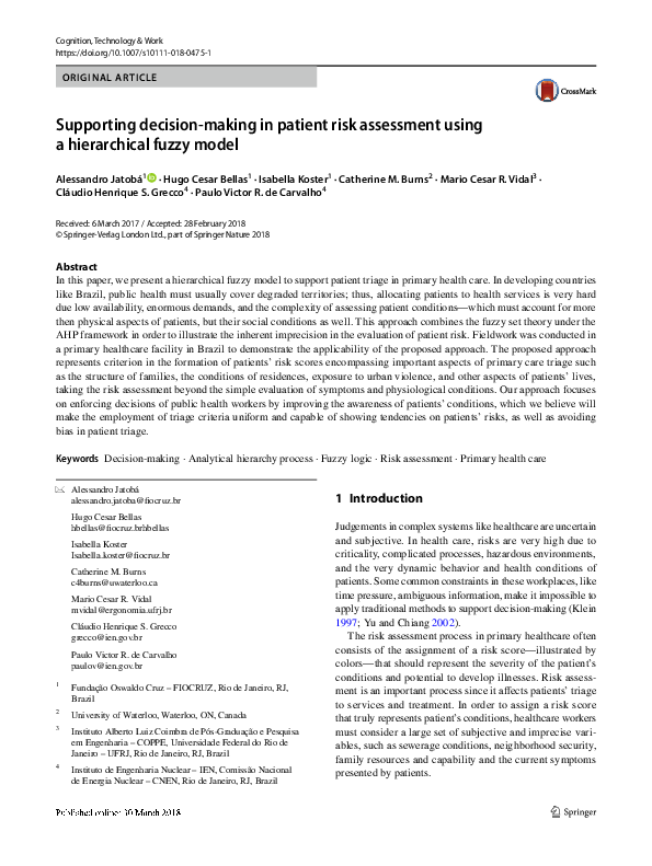 (PDF) Supporting decision-making in patient risk assessment using a ... (PDF) Supporting decision-making in patient risk assessment using a ...