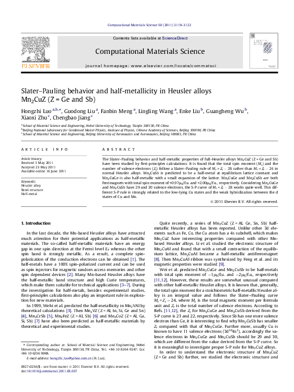 (PDF) Slater–Pauling behavior and half-metallicity in Heusler alloys ...