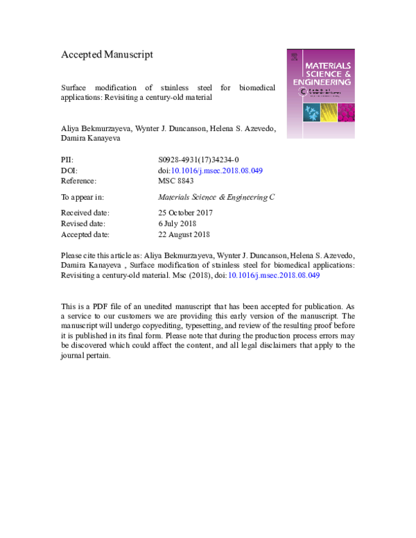 Pdf Surface Modification Of Stainless Steel For Biomedical