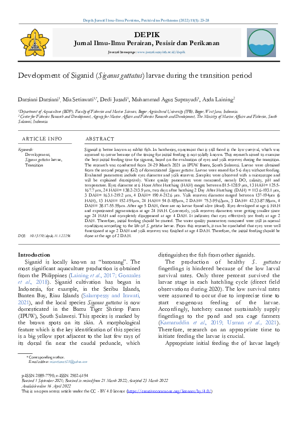 (PDF) Development of Siganid (Siganus guttatus) larvae during the ...