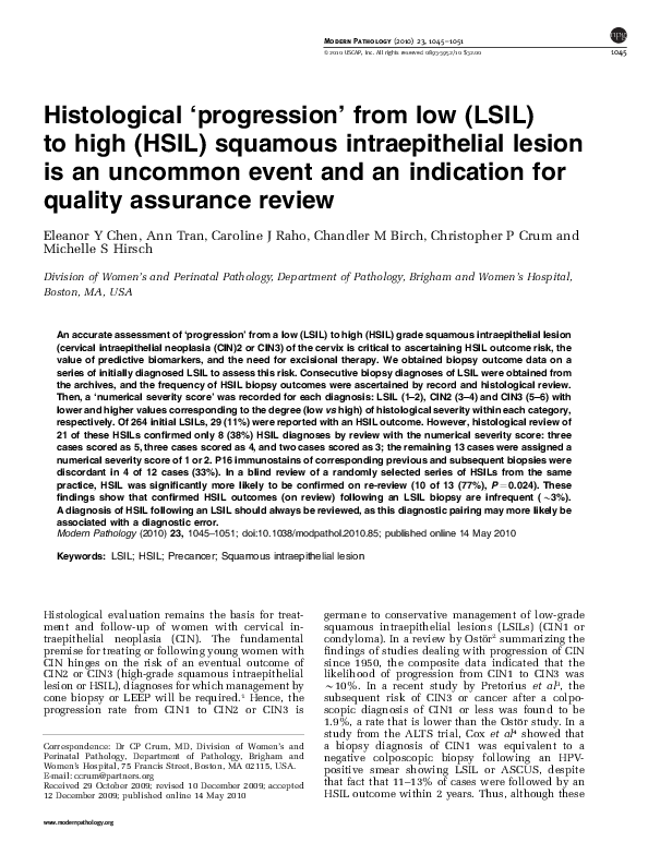 (PDF) Histological ‘progression’ from low (LSIL) to high (HSIL ...
