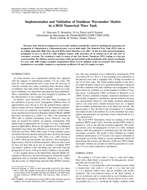 Pdf Implementation And Validation Of Nonlinear Wavemaker Models In A