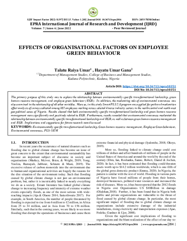 (PDF) Effects of Organisational Factors on Employee Green Behaviour