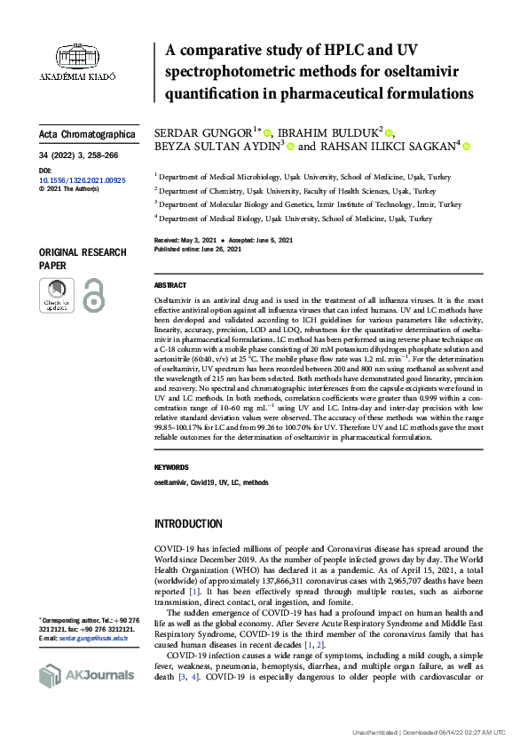 (PDF) A comparative study of HPLC and UV spectrophotometric methods for oseltamivir ...