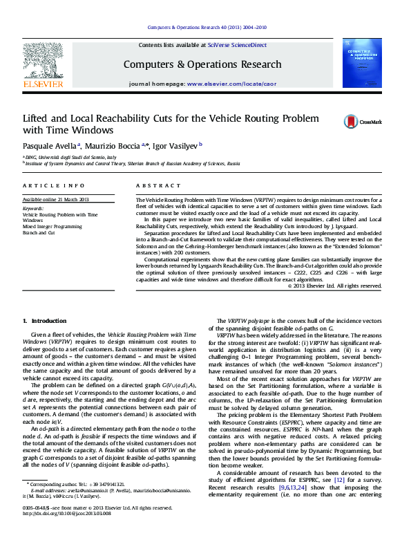 (PDF) Lifted and Local Reachability Cuts for the Vehicle Routing ...