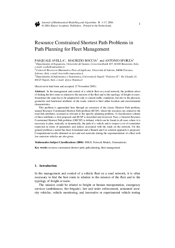 Pdf Resource Constrained Shortest Paths For Fleet Management