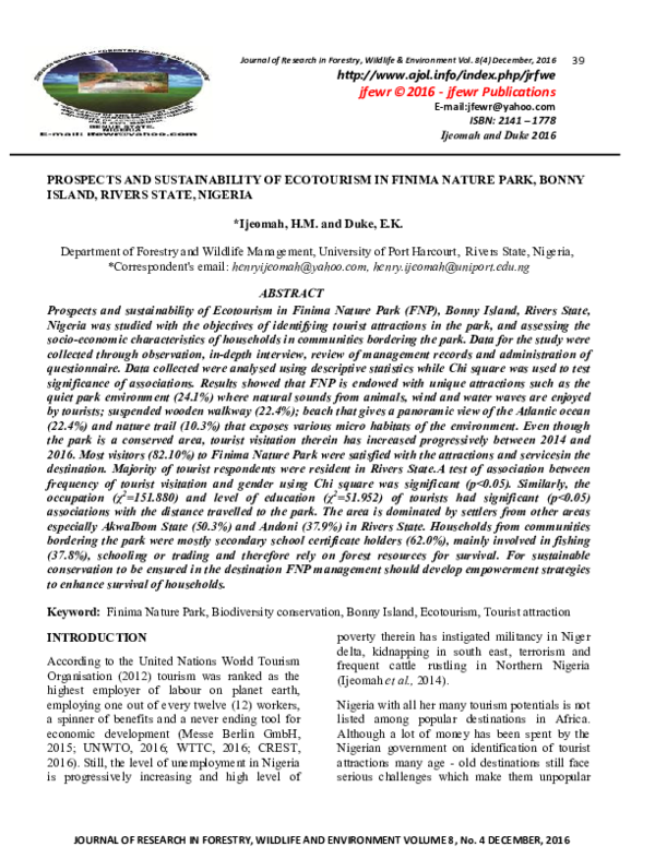 (PDF) Prospects and sustainability of ecotourism in Finima Nature Park ...