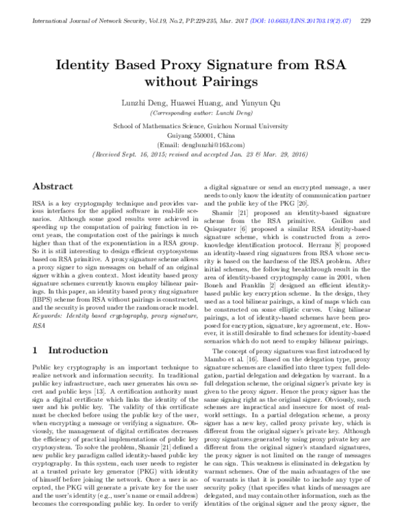 (PDF) Identity-Based Proxy Signature from Pairings