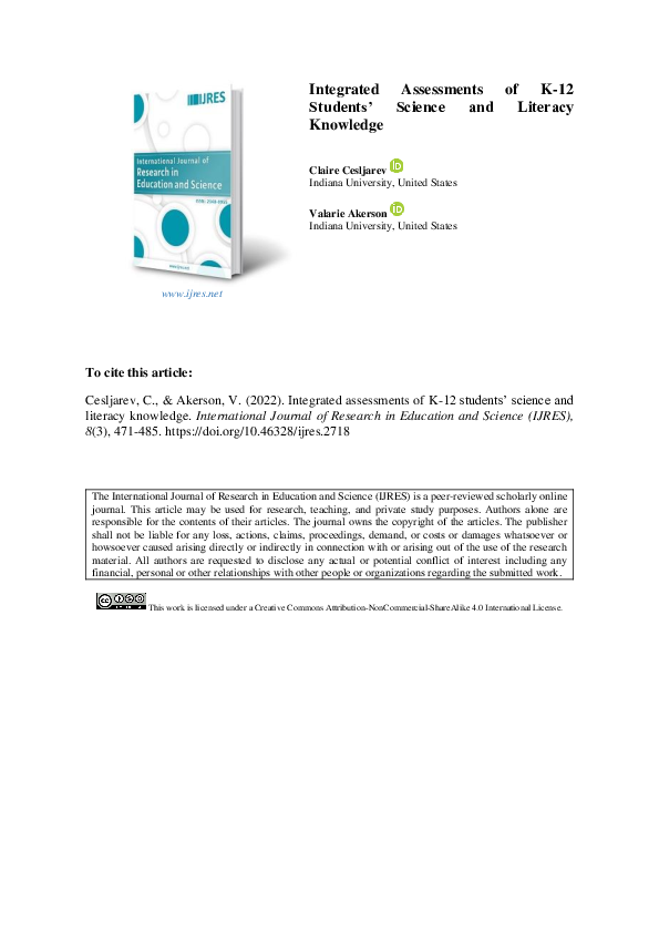 (PDF) Integrated Assessments of K-12 Students’ Science and Literacy Knowledge