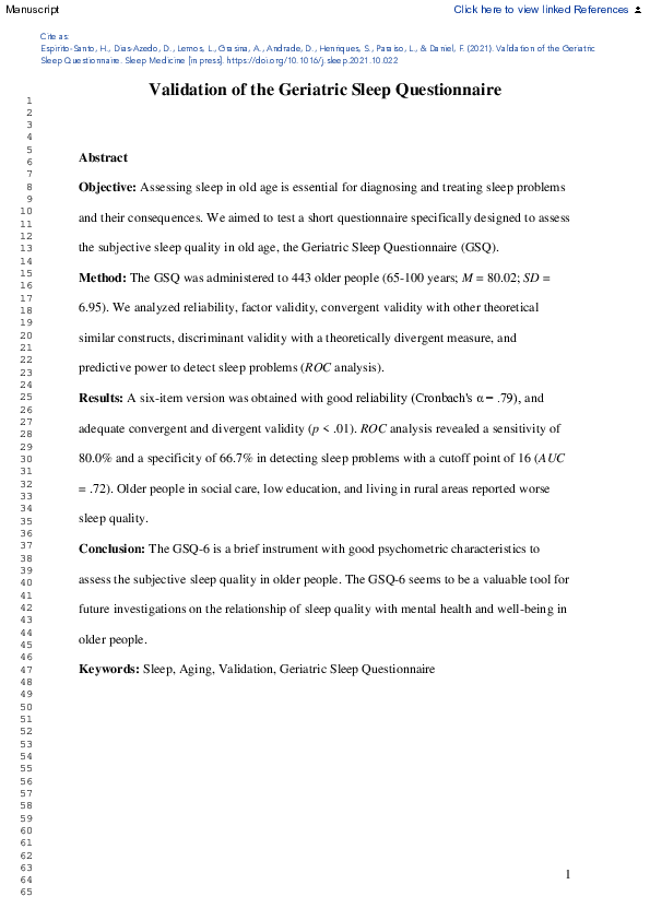 (PDF) Validation of the Geriatric Sleep Questionnaire