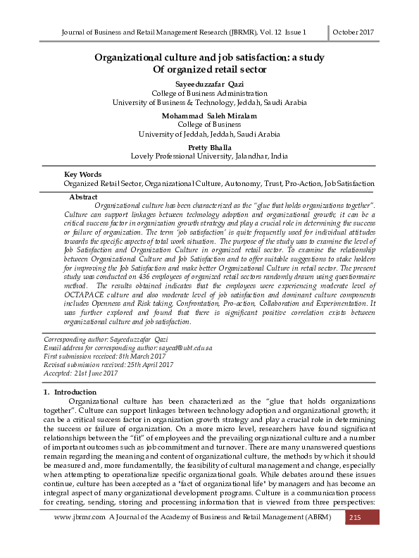 (PDF) Organizational culture and job satisfaction: a study Of organized ...