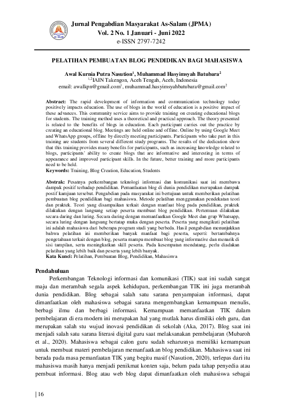 (PDF) Pelatihan Pembuatan Blog Pendidikan Bagi Mahasiswa