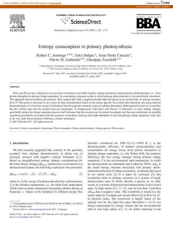 (PDF) Entropy consumption in primary photosynthesis