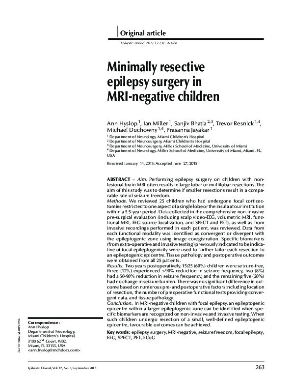 (PDF) Minimally resective epilepsy surgery in MRI-negative children