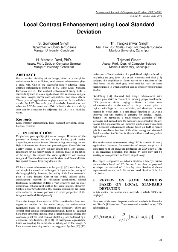 Pdf Local Contrast Enhancement Using Local Standard Deviation