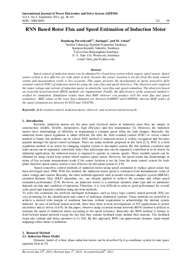 Pdf Rnn Based Rotor Flux And Speed Estimation Of Induction Motor