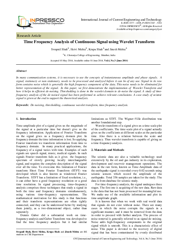 Pdf Time Frequency Analysis Of Continuous Signal Using Wavelet Transform Hetvi Mehta