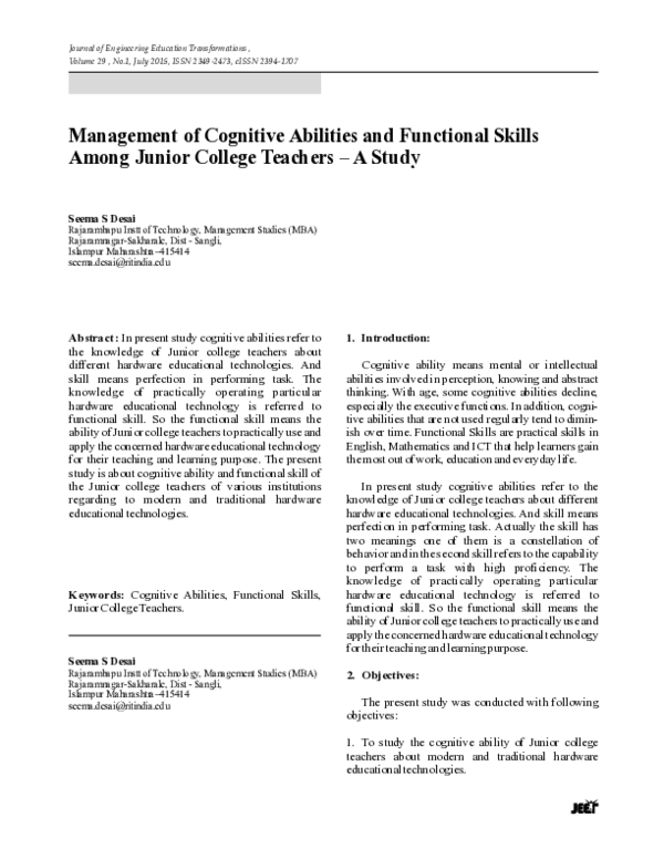 (PDF) Management of Cognitive Abilities and Functional Skills among Junior College Teachers - A ...