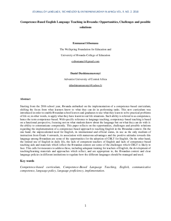 (PDF) Competence-Based English Language Teaching in Rwanda: Opportunities, Challenges and ...