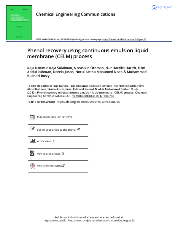 (PDF) Phenol recovery using continuous emulsion liquid membrane (CELM ...